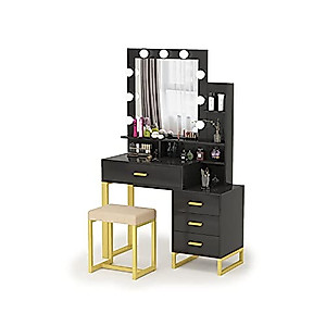 PAKASEPT Vanity Set with Lighted Mirror, Makeup Vanity Dressing Table with LED Light, Drawers, Storage Shelves and Cushioned Stool, Small Vanity Desk for Bedroom (Black, 39.4"Lx15.7"Wx63"H)