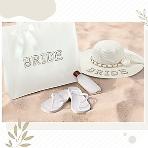Chunful 3 Pcs Bride Tote Bag Sun Hat Glasses Set Bachelorette Gifts for Bride Jute Burlap Bag with Handles for Honeymoon(White)