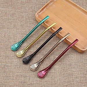 Multi function Drinking Straw, 4 in 1 Design Beverage Straw Tea Filter stirring rod and Fruit Spoon Made of 304 Stainless Steel Food Safety and Easy Maintain for Home Office Cafes Bar (Gold)