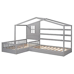 n/a Wood House Bed Twin Size 2 Twin Solid Bed L Structure with Fence and slatted Frame