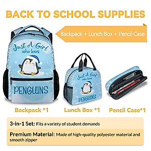 CUNEXTTIME Penguin Backpack with Lunch Box, Set of 3 School Backpacks Matching Combo for Girls Boys, Cute Blue Bookbag and Pencil Case Bundle