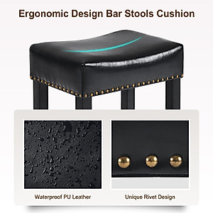 Furnimart 26” Bar Stools Set of 2 Leather Saddle Stool Counter Height Bar stools with Rivet Trim Cushion Seat Wood Counter Stools for Kitchen and Bar (PU-Black)