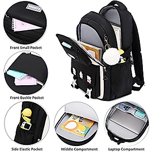 AO ALI VICTORY Backpack for Girls Set with Pencil Case 15.6 Inch Laptop School Bag Cute Kids Elementary College Backpacks Large Bookbags for Women Teens Students Anti Theft Travel Daypack - Black