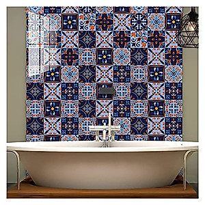 Tile Stickers Pattern Orange Blue Stick on Tiles Bathroom PVC Self Adhesive Wall Tiles Kitchen Stick on Wall Tiles Waterproof Peel and Stick Floor Tiles Self Adhesive Tiles for Walls