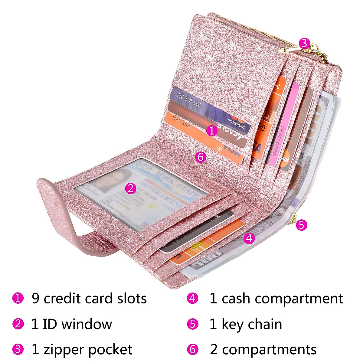 Womens Wallets RFID Small Compact Bifold Leather Card Holder Zip Pocket Keychain