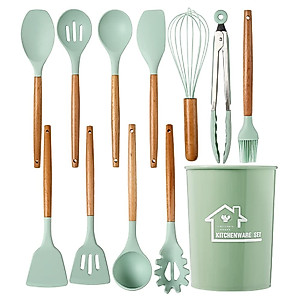 Kitchen Silicone Cooking Utensils Set with Wooden Handle. 446°F Heat Resistant, BPA free, Dishwasher Safe Non-Stick Silicone Kitchen Gadgets Cookware Set(12pcs Set) (Light Green)