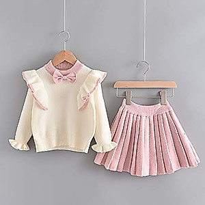 IDOPIP Toddler Kids Baby Girls Knit Sweater Dress Ruffle Long Sleeve Bowtie Sweater T-shirt Top + Tutu Skirt Princess Casual Birthday Party Dresses Fall Winter Outfit Clothes 2PCS Set Pink 4-5 Years