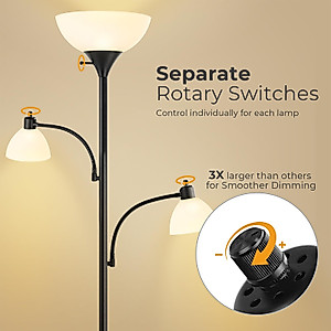 Isloys Led Floor Lamp, Torchiere Bright Black Floor Lamp with 2 Reading Lamps, Led Tall Standing Pole Lamps for Living Room Bedroom Office, 3 Way Switch, 3 Led Bulbs Included