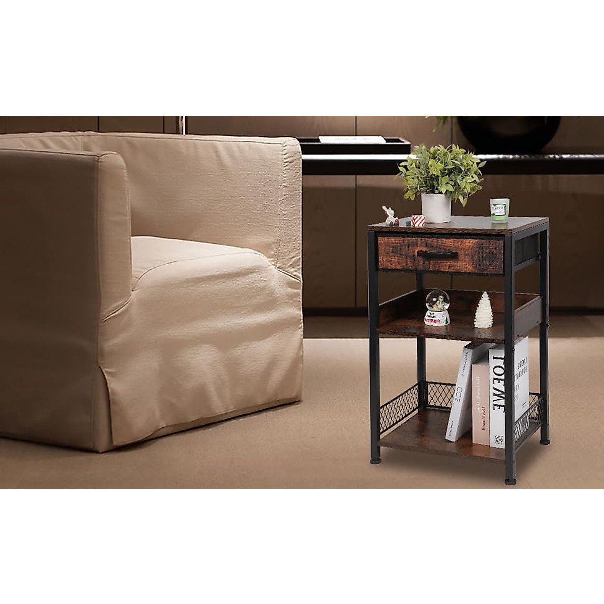 3 Tier End Table,Small Side Table with Storage Drawer,24.8 inch Tall Night Stand for Small Spaces, Brown Bedside Table,Side Table for Living Room,Bedroom,Office