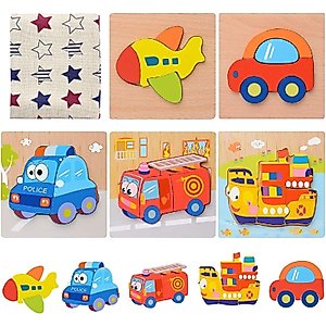 Wooden Puzzles for Toddlers 1 2 3 Years Old, 5 Packs Vehicle Car Puzzles for Boys and Girls，Montessori Learning Toys Gift for Kids Baby, Bright Vibrant Color Shape,(Storage Bag Included)