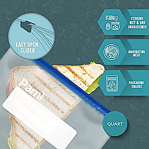 PAMI Freezer Slider Quart Bags [50 Pieces]- Leakproof Food Storage Freshness-Lock Bags With Expandable Bottom- Food-Safe Slider Zipper Bags With Freezer Shield Technology- Thick & Reusable Sandwich Bags