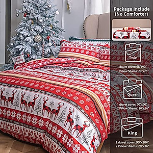 MILDLY Christmas Duvet Cover Set - 100% Brushed Microfiber Snowflake Reindeer Printed Winter Theme Comforter Cover Set