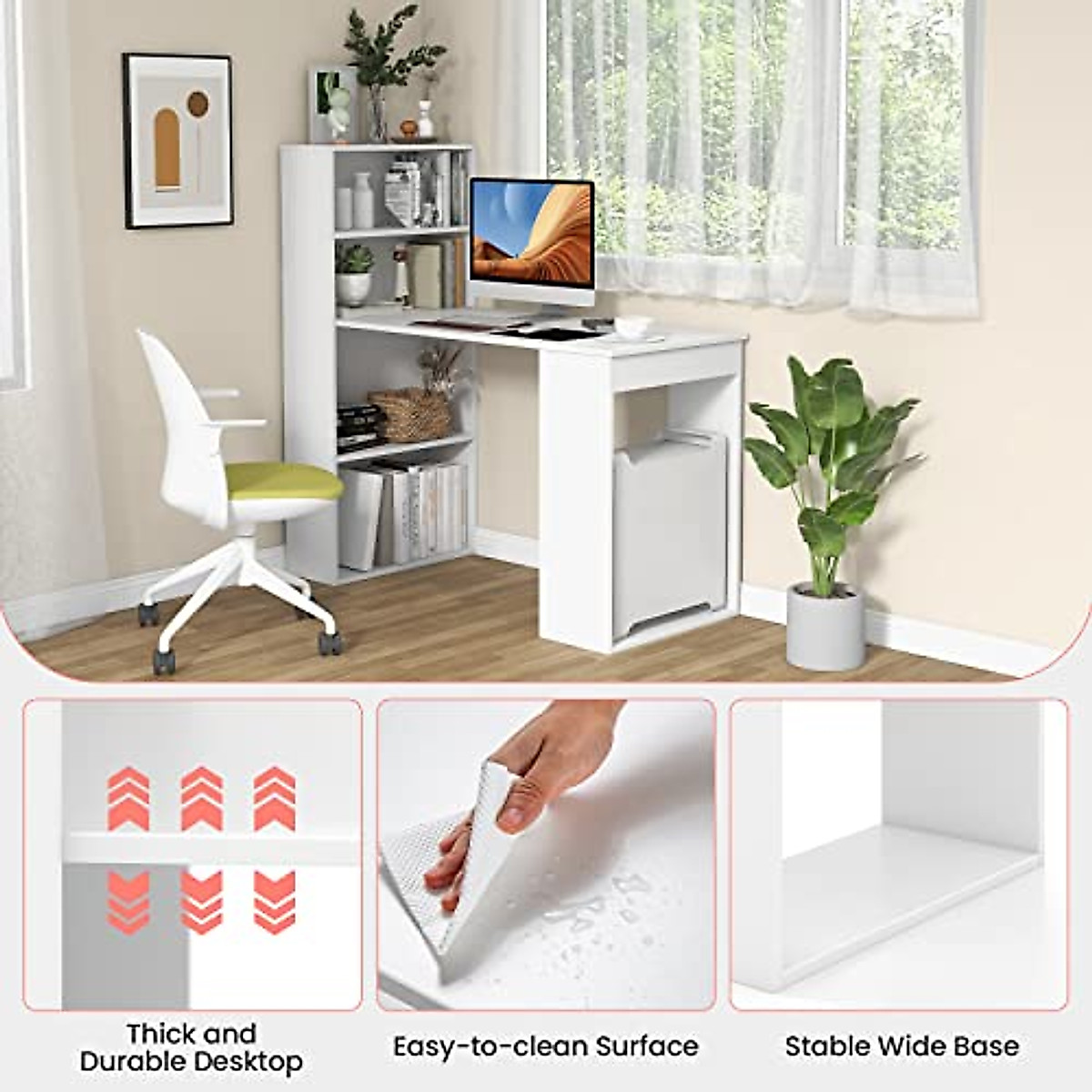 IFANNY 48 Inch Computer Desk with Bookshelf, Reversible Home Office Desk with Open Shelves & CPU Stand, Modern Space-Saving Writing Desk Computer Workstation for Study, Living Room (White)