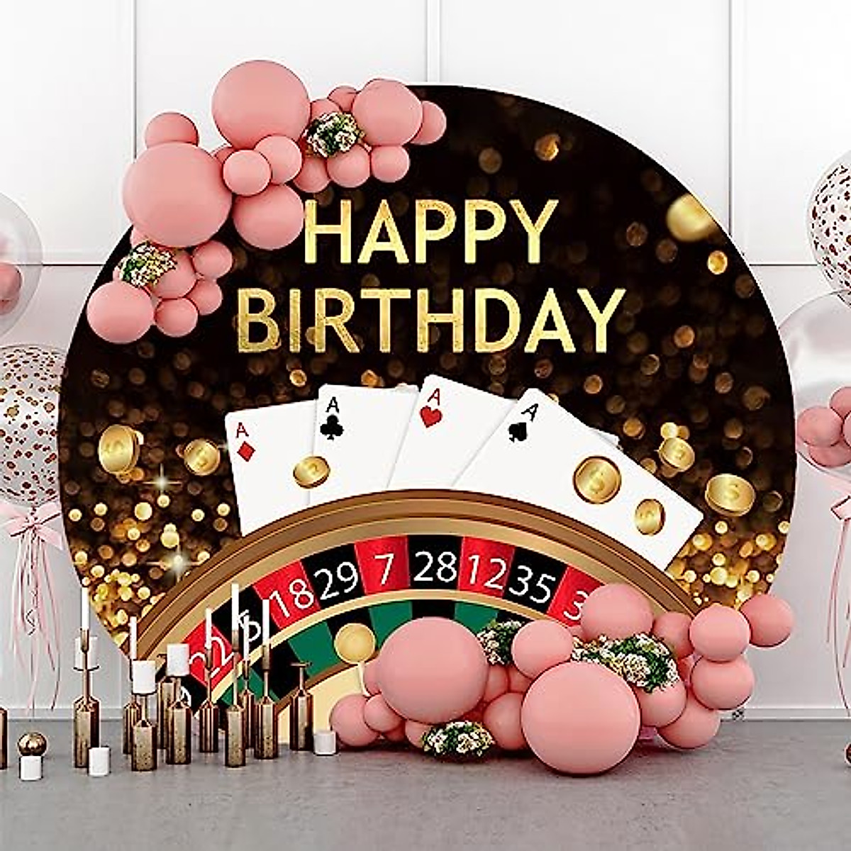 AWERT Polyester Diameter 6.5ft Happy Birthday Round Backdrop Las Vegas Casino Night Themed Dice Poker Chips Gold Coins Photography Background Men Boys Birthday Party Theme Party Decoration Supplies