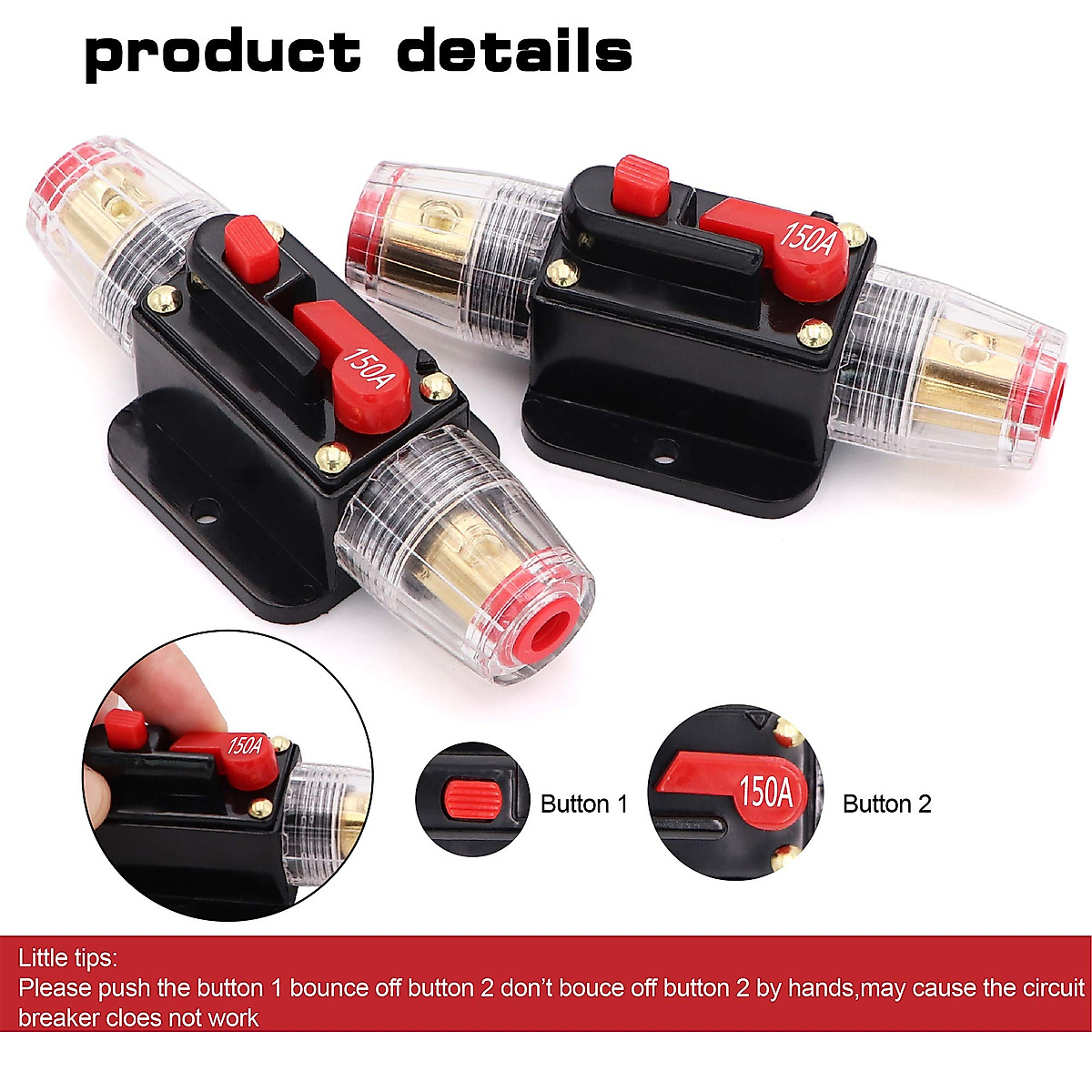 150A Audio Inline Circuit Breaker Reset Fuse Holder 12V-24V DC with Manual Reset and installation Screws for Car Audio, Stereo Switch and Solar Inverter System