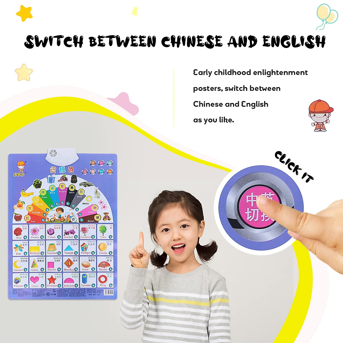 STOBOK 2pcs Fruit, Interactive with Numbers, Charts Between Audio Colors, Music Posters Poster and Chinese Shapes, English Learn Electronic for Home Hanging Preschool