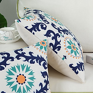 CaliTime Canvas Throw Pillow Cover Case for Couch Sofa Home Decoration Three-Tone Dahlia Floral Compass Geometric 20 X 20 Inches Navy/Teal/Orange