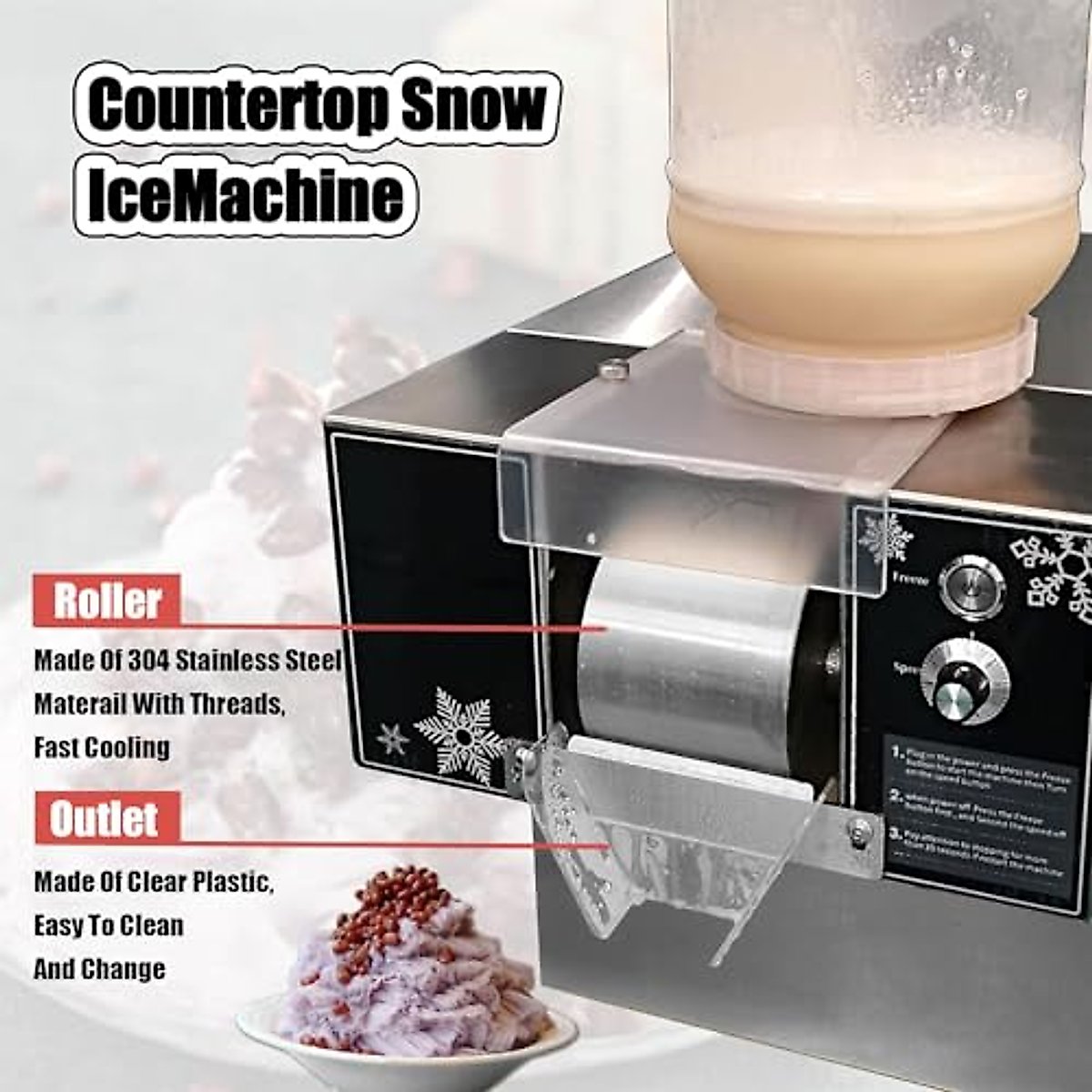 XURUIUS Snowflake Ice Machine, Small Snowflake Continuous Cooling Milk Mango Smoothie Shaved Ice Machine, Smoothie Crusher Ice Crusher (60KG)