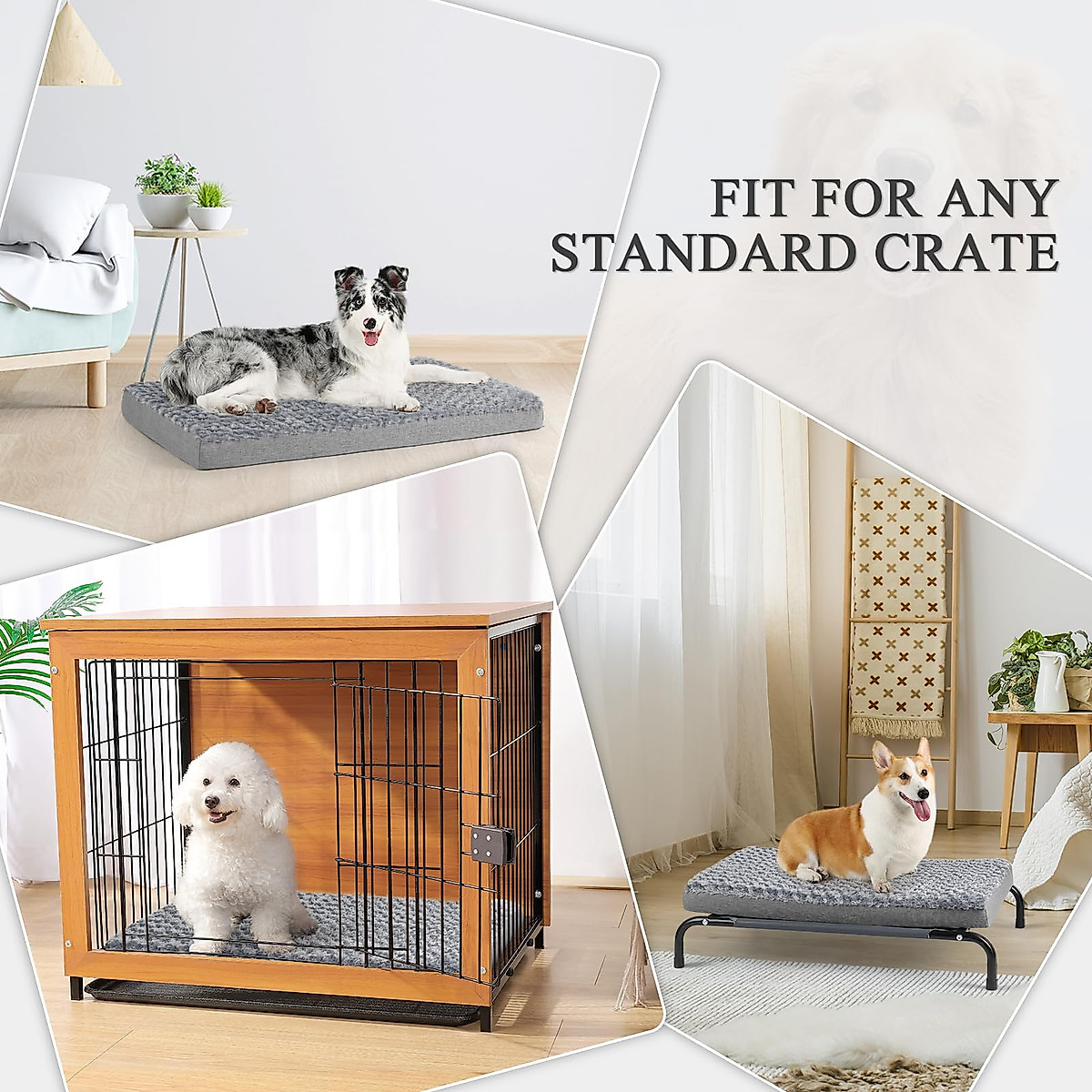 Sivomens Dog Bed, Dog Beds for Large Dogs Washable, Dog Crate Pads with Removable Cover & Faux Fur, Soft Plush Memory Foam Orthopedic Dogs Bed Mat, Supports Dogs Up to 55 Lbs, 35*22*3, Grey, large