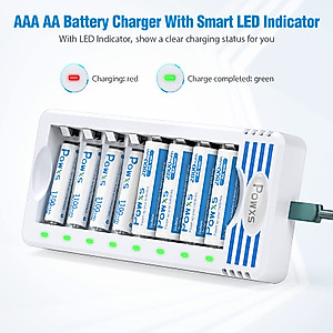 POWXS 8 Bay AA AAA Batteries Charger, Independent and Fast Battery Charger for 1.2V Ni-MH Ni-CD AA Triple AAA Rechargeable Batteries with Convenient USB Cable