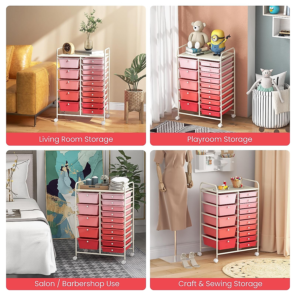 Giantex 15 Drawers Rolling Cart, Classroom Organizers, Storage Cart with Wheels, for Teacher Office Home School Supplies Tool Craft Art Paper