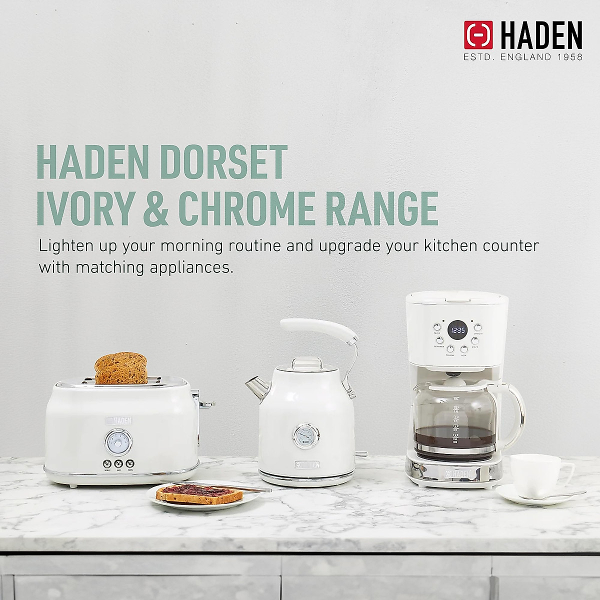 Haden Dorset 1.7 Liter Cordless Electric Kettle with Auto Shut Off for Kitchen, Small Appliances, Counter, and Apartments, Ivory/Chrome