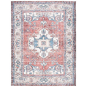 SAFAVIEH Serapi Collection Machine Washable 9' x 12' Red/Ivory Boho Chic Oriental Medallion Living Room Bedroom Dining Area Rug