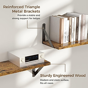 Fun Memories Floating Shelves Wall Mounted Set of 3, 16.5 Inch Natural Wood Wall Shelves, Decor Storage Shelf for Bedroom Bathroom Living Room Office Pictures Plants Books Cats TV (Rustic Brown)