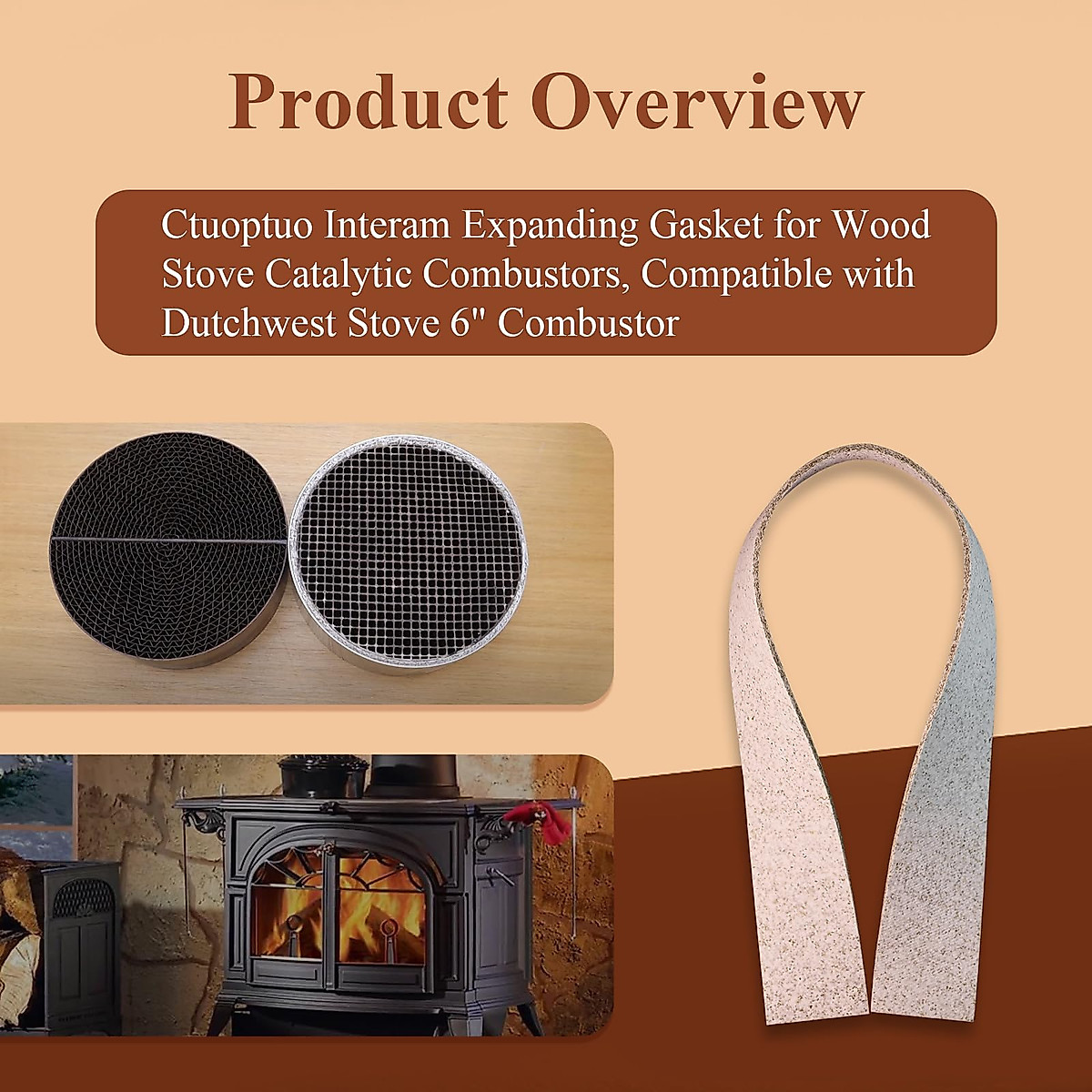 Ctuoptuo Interam Gasket for Dutchwest Stove 6" Combustor, Replaces Vermont Castings Part # 1203533A, 18" Long x 2" Wide x 1/16" Thick