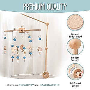 BlueMello Starry Night Baby Mobile Toy and Mobile Arm Holder 2 in 1 Set for Crib | Wooden Beads and Stars Bed Hanger for Boys and Girls | Hanging Nursery Decor for Bassinet | Perfect Baby Shower Gift