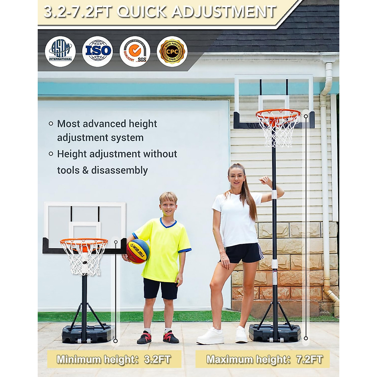 WIN.MAX Kids Basketball Hoop 29 in Backboard, 3.2 to 7.2FT Adjustable Height, Swimming Pool Basketball Hoop Outdoor for Kids/Adults Indoor Outdoor