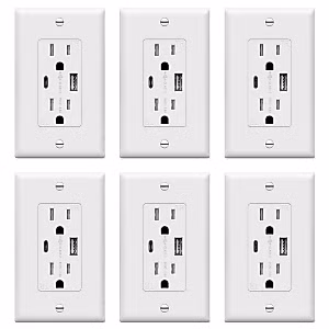 TOPGREENER USB Outlet, Type C & Type A USB Wall Charger Outlet, 15 Amp TR Receptacle Plug, Charging Power Outlet with USB Ports, Wall Plate Included, UL Listed, TU21536AC-W-6PCS, White, 6 Pack