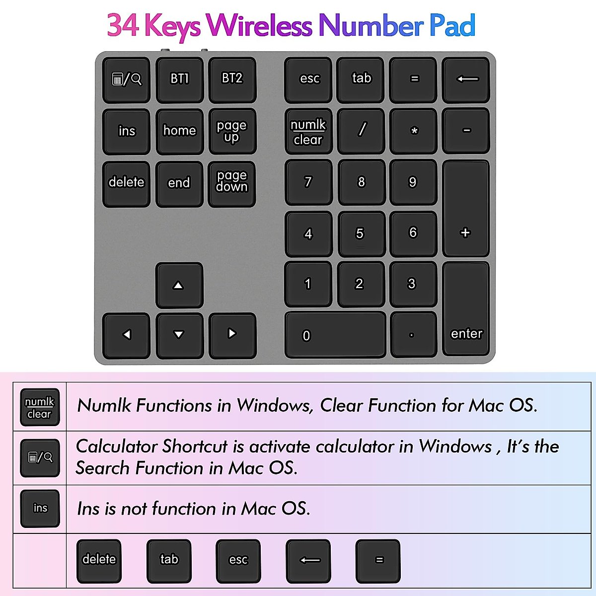 Foloda Bluetooth Number Pad: Wireless BT Numeric Keypad, Multi-Devices Rechargeable USB C Numpad, 34 Keys Financial Accounting Extensions Data Entry Keyboard for Laptop, PC, iMac, MacBook, Notebook