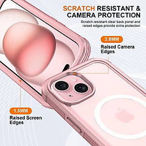 Ezanmull for iPhone 15 Case [Compatible with MagSafe] [with Built-in Touch Sensitive Anti-Scratch 9H Tempered Glass Screen Protector + Camera Lens Protector] Full-Body Magnetic Case (Clear&Pink)