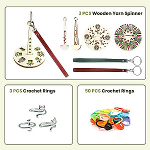 KHOCOEE Portable Wrist Yarn Holder Set, 3 PCS Wooden Yarn Spinner with 3 Crochet Rings & 50 Knitted Crochet for Carrying Yarn On The Go Knitting Supplies for Compilation Enthusiasts