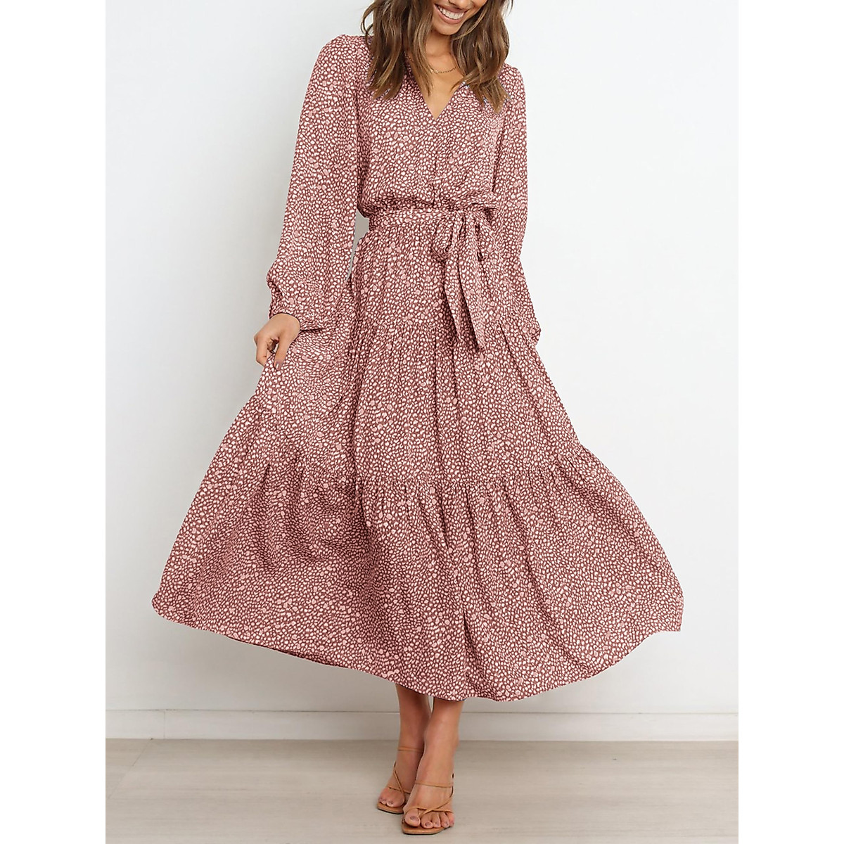 PRETTYGARDEN Women's 2024 Long Sleeve Ruffle Wrap V Neck Floral Maxi Dress Tie Waist Boho Chiffon Casual Flowy Long Dress(Pink,Large)