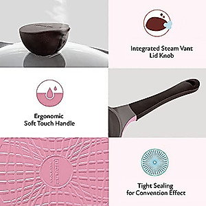 Neoflam Eela 7pc Ceramic Coated Nonstick Cookware Pots&Pan Set with Saucepan, Frying Pan, Casserole Stockpot, Glass Lids, Silicone Hot Handle Holder Included, 7-Piece,Pink