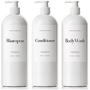 MOIIKKO 32oz Refillable Shampoo and Conditioner Dispenser Bottles - Set of 3 Empty Shampoo Conditioner Body Wash Dispenser with 8 Waterproof Labels
