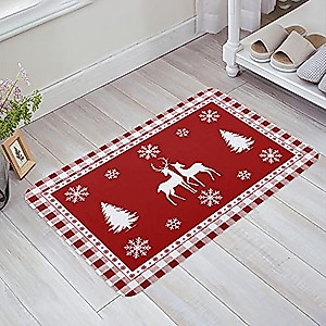 Christmas Bath Rugs Elk Deer Snowflake Sponge Doormat Absorbent Non Slip Backing Durable Soft Flannel Mat Reindeer Red Buffalo Plaid Christmas Memory Foam Mats for Bathroom Kitchen 18 x 30 inches