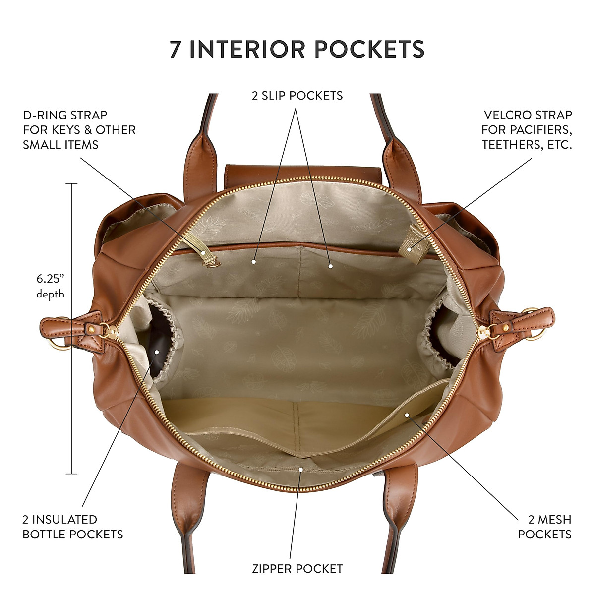 TWELVElittle Peek A Boo Vegan Leather Satchel Diaperbag - Baby Bag with Wipes Pouch, Stroller clips and Diaper Changing Mat, Toffee, Vegan Leather