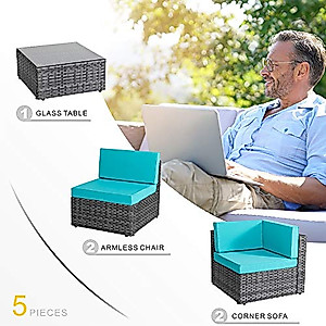 SUNLEI 5pcs Patio Outdoor Furniture Sets Conversation Set,Low Back All-Weather Rattan Sectional Sofa with Tea Table&Washable Couch Cushions(Silver Rattan)(Blue)