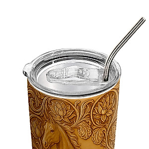 20oz Wooden Flower Horse Tumbler, Country, Equestrian Gifts for Horse Lovers, Coffee Thermos for Women, Men, Stainless Steel Double Wall Vacuum Insulated Coffee Mug, Travel Cup with Lid