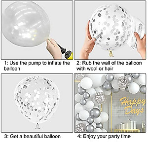FEPITO 108 Pcs White Silver Balloon Garland Arch Kit 5 10 12 18 Inches Pastel White Silver Confetti Balloons for Birthday Wedding Bridal Showers Baby Shower Party Decorations