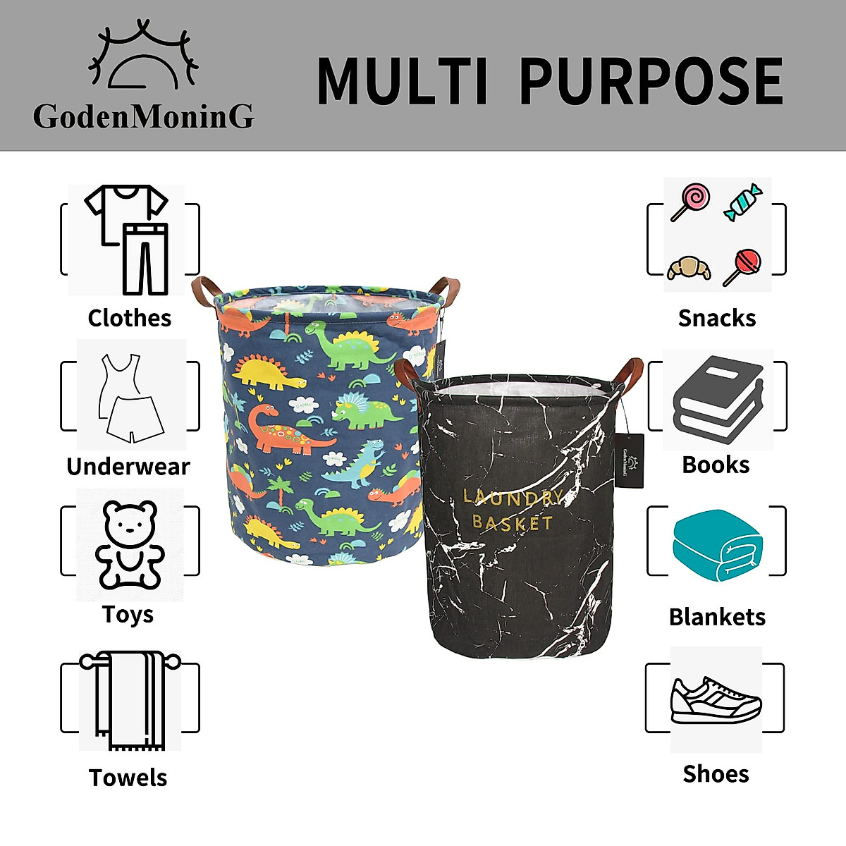 Collapsible Laundry Basket,GodenMoninG 2X 62.8L Large Sized Round Waterproof Storage Bin with Leather Handles,Toy Organizer,Children Nursery Hamper.（2 PACKS，Black Marbling & Blue Dinosaurs）