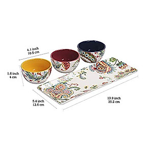 Bico Protea Cynaroides Ceramic Dipping Bowl Set (9oz bowls with 14 inch platter), for Sauce, Nachos, Snacks, Microwave & Dishwasher Safe