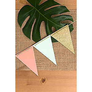 Paper Banner Flags Triangle Banner Flags For Wall Decor, Wedding Garland, Birthday Party, Baby Shower,Gold Glitter+Coral Pink+Mint Green,15 Pcs