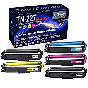 Kolasels (with Chip) 5-Pack (2BK+C+Y+M) Compatible High Yield TN227 TN-227 (TN-227BK TN-227C TN-227Y TN-227M) Printer Toner Cartridge use for HL-L3210CW L3230CDW L3270CDW Printers