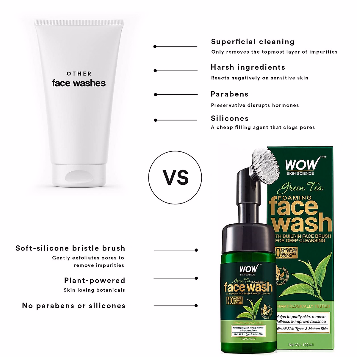 WOW Skin Science Green Tea Foaming Face Wash w/Soft Brush- Refreshing, Clarifying Facial Cleanser with Antioxidant Green Tea & Aloe Vera Extract - All Skin Types (100 ml)