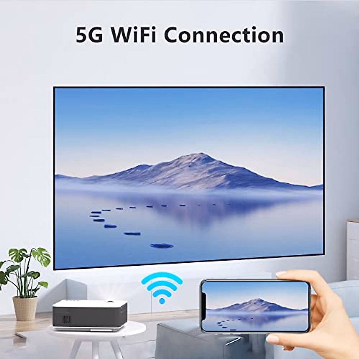 Projector with 5G WiFi and Bluetooth, Native 1080P Mini Projector, Portable Home Projector Compatible with TV Stick/Phone/PC/DVD/HDMI/AV/USB/SD etc, indoor & outdoor use