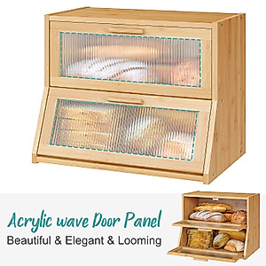 Vriccc Bread Box for Kitchen Counter, Large Bamboo Wooden Double Layer Large Capacity Bread Storage Bin with Acrylic Wavy Door Panel (Natural)